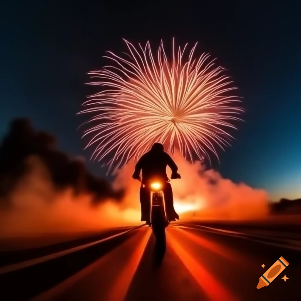 Biker gang silhouetted against fireworks on new year's eve on Craiyon