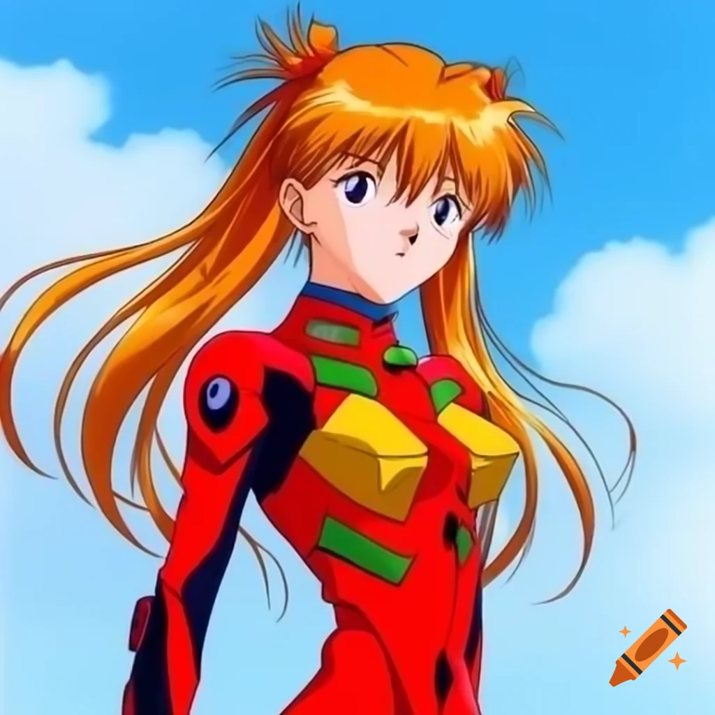 Asuka Langley Soryu in red plugsuit with smug expression against blue ...