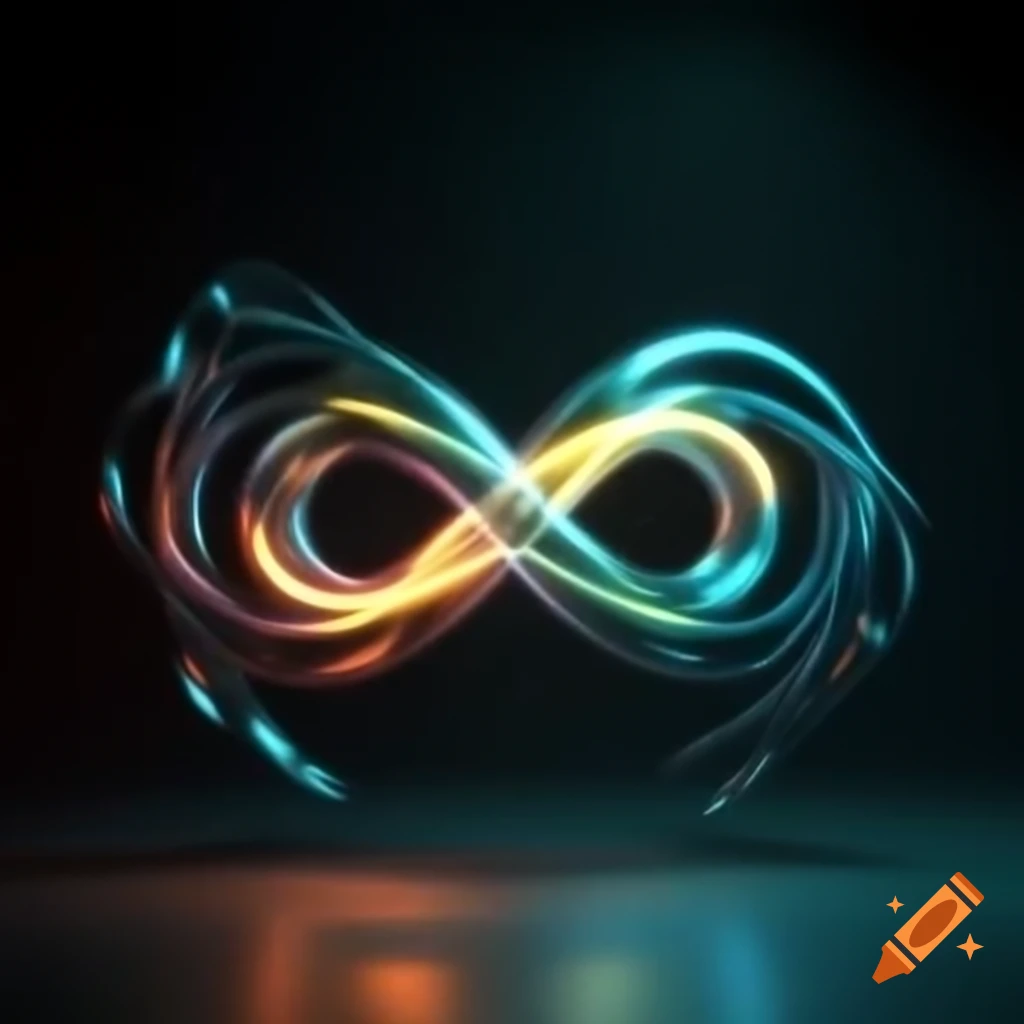 Neon infinity symbol glowing against dark backdrop with Fibonacci ...