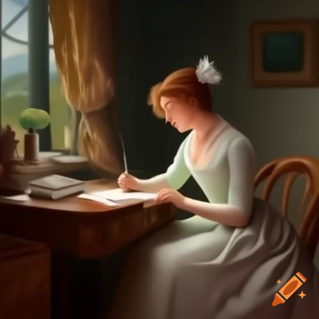 Jane austen writing with quill at desk overlooking beautiful landscape ...