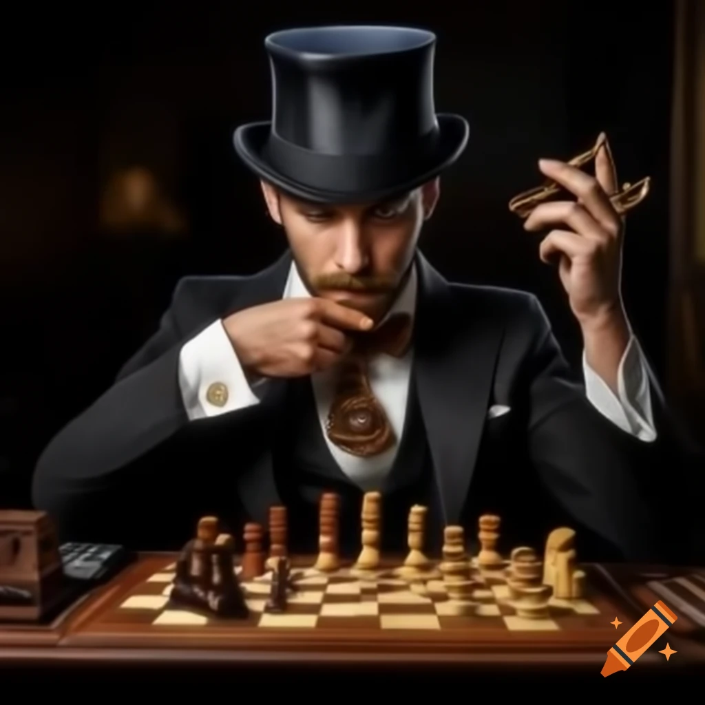 Handsome man with top hat and monocle playing chess on Craiyon