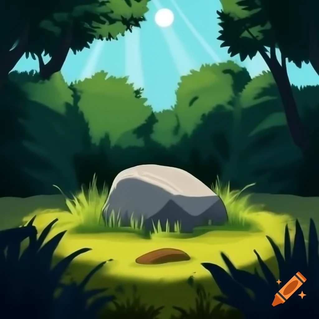 Open grassy area with rock surrounded by lush forest and dim sunlight ...