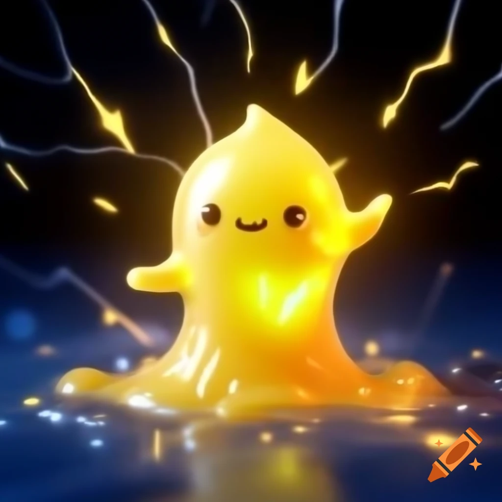 Adorable lightning slime with shimmering plasma body, bouncing and ...
