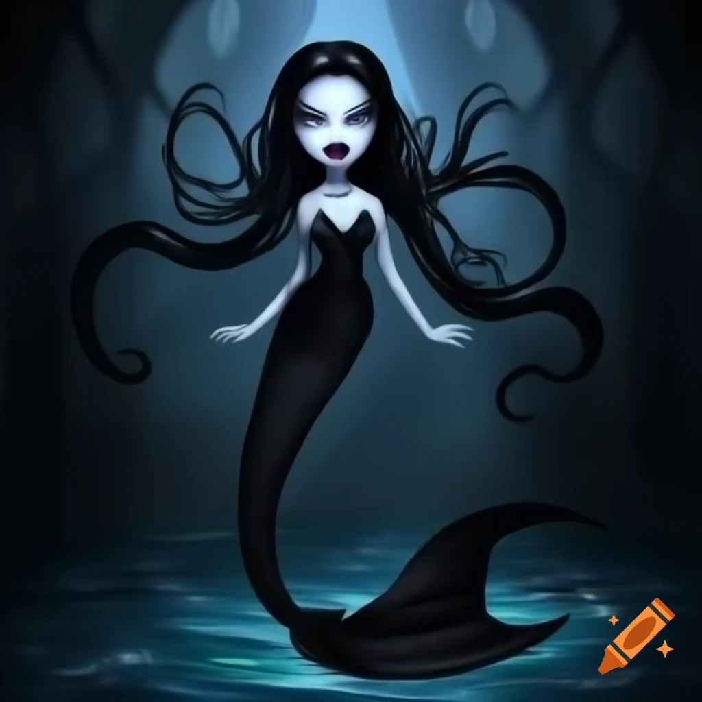 Wednesday Addams as a mystical Bratz mermaid with dark-streaked tail ...
