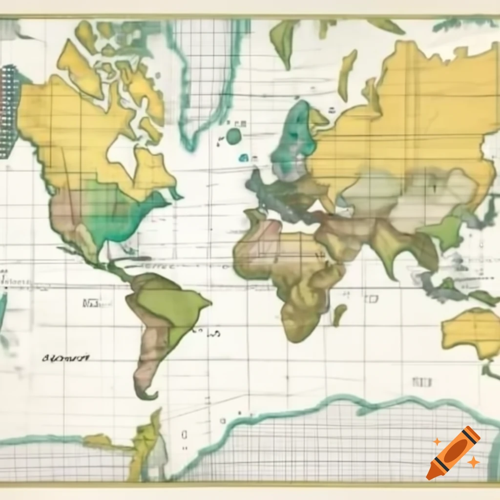 Colorful world map with geographic grid, degrees, Greenwich line, and ...