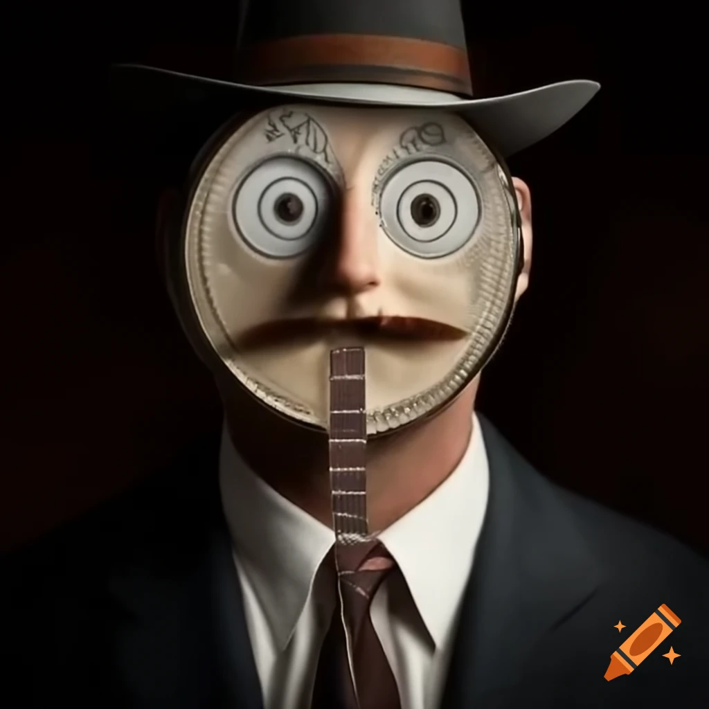 Man in fancy suit with face resembling a banjo, creative costume design ...