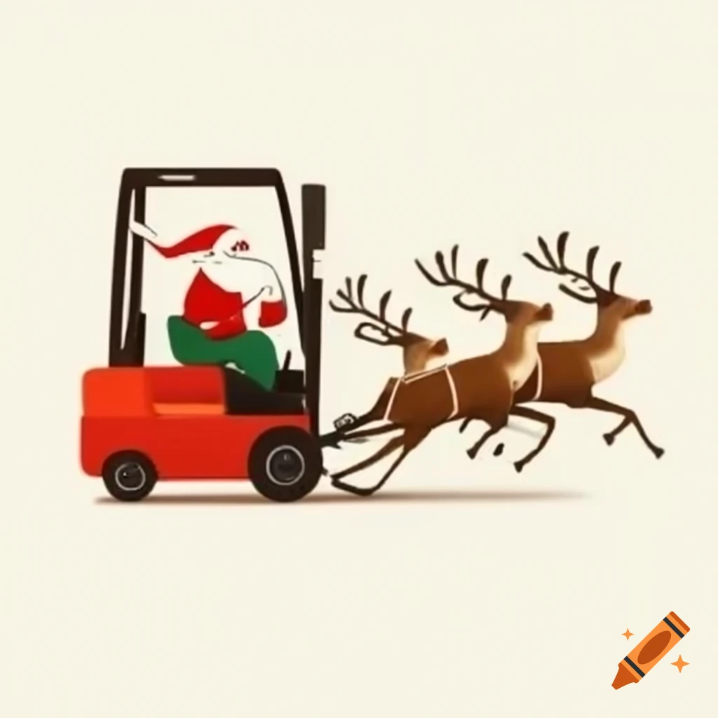 Santa driving forklift pulled by reindeer on white background on Craiyon