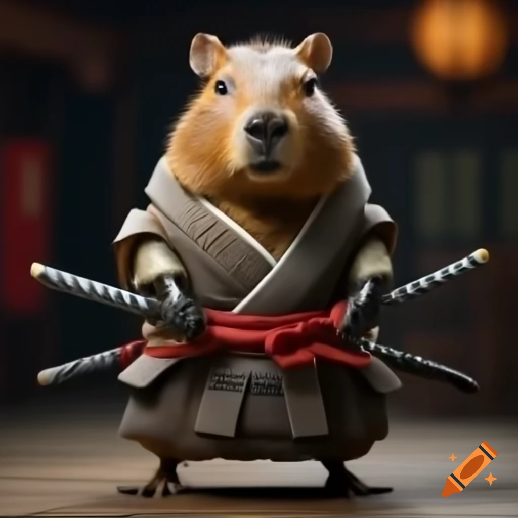 Capybara dressed as samurai with katanas and raiden hat on Craiyon
