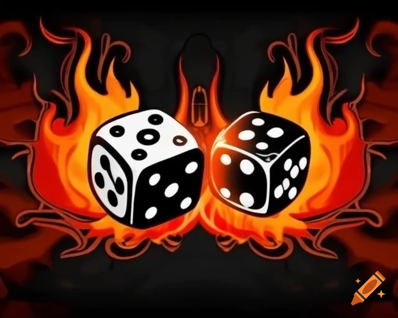 Stylized dice against fiery orange flames backdrop on Craiyon