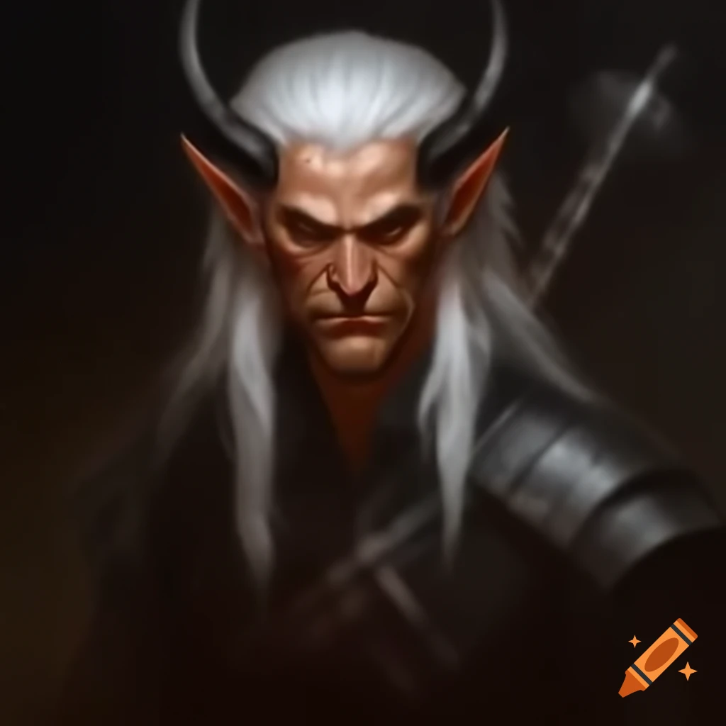 Brooding male elf with black horns and white hair in rugged bandit ...