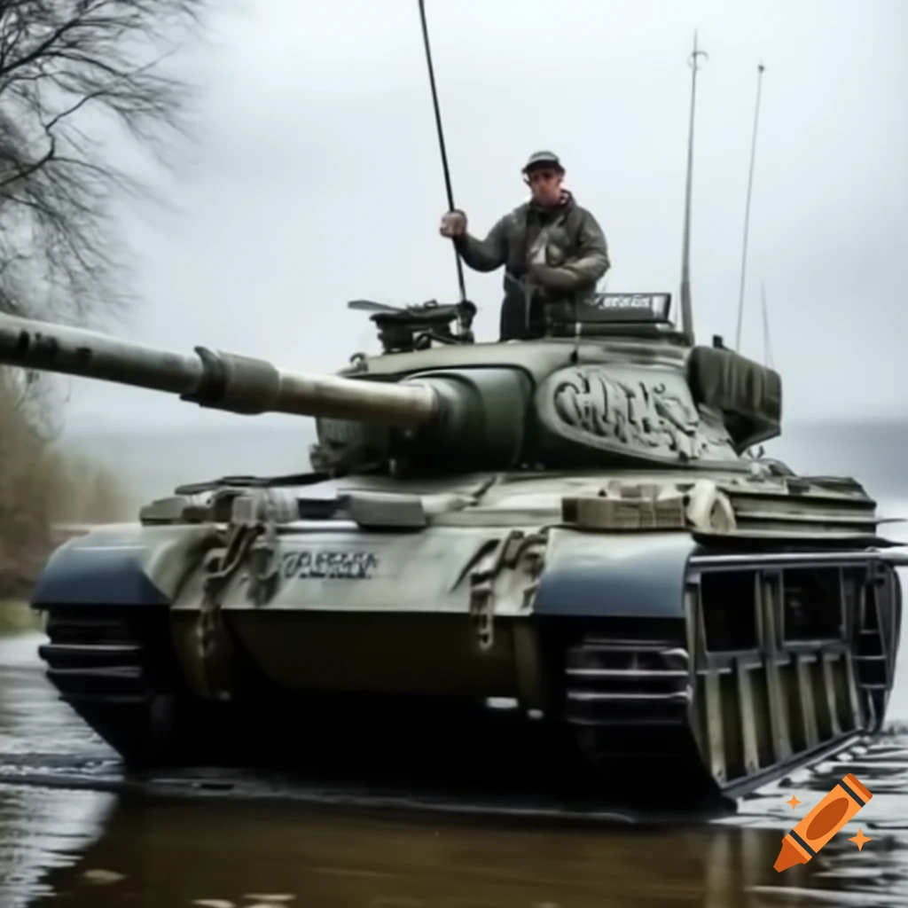 Fishing from army tank with tree as pole, humorous art style on Craiyon