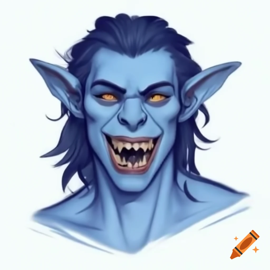 Blue-skinned tiefling character with sharp teeth on Craiyon