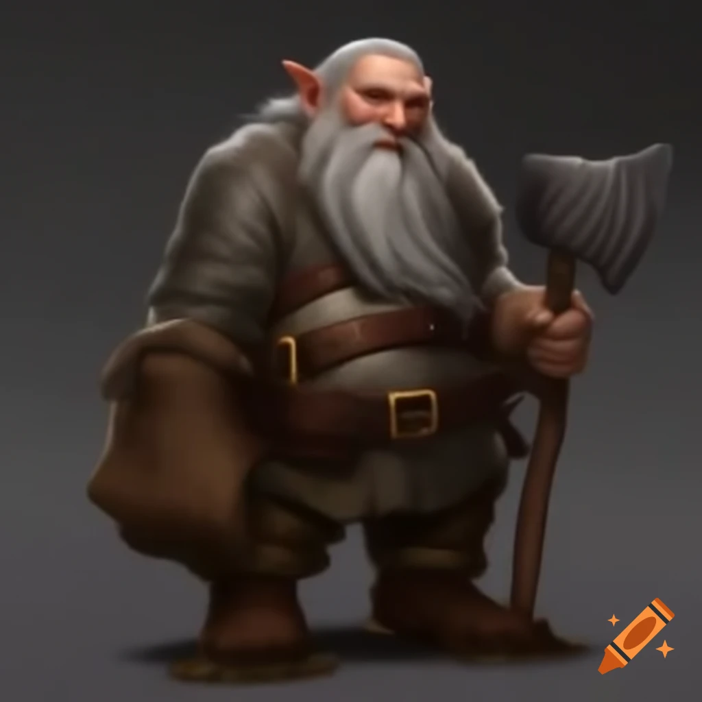 Old dwarf with gray beard in rusty chain mail and worn leather trousers ...