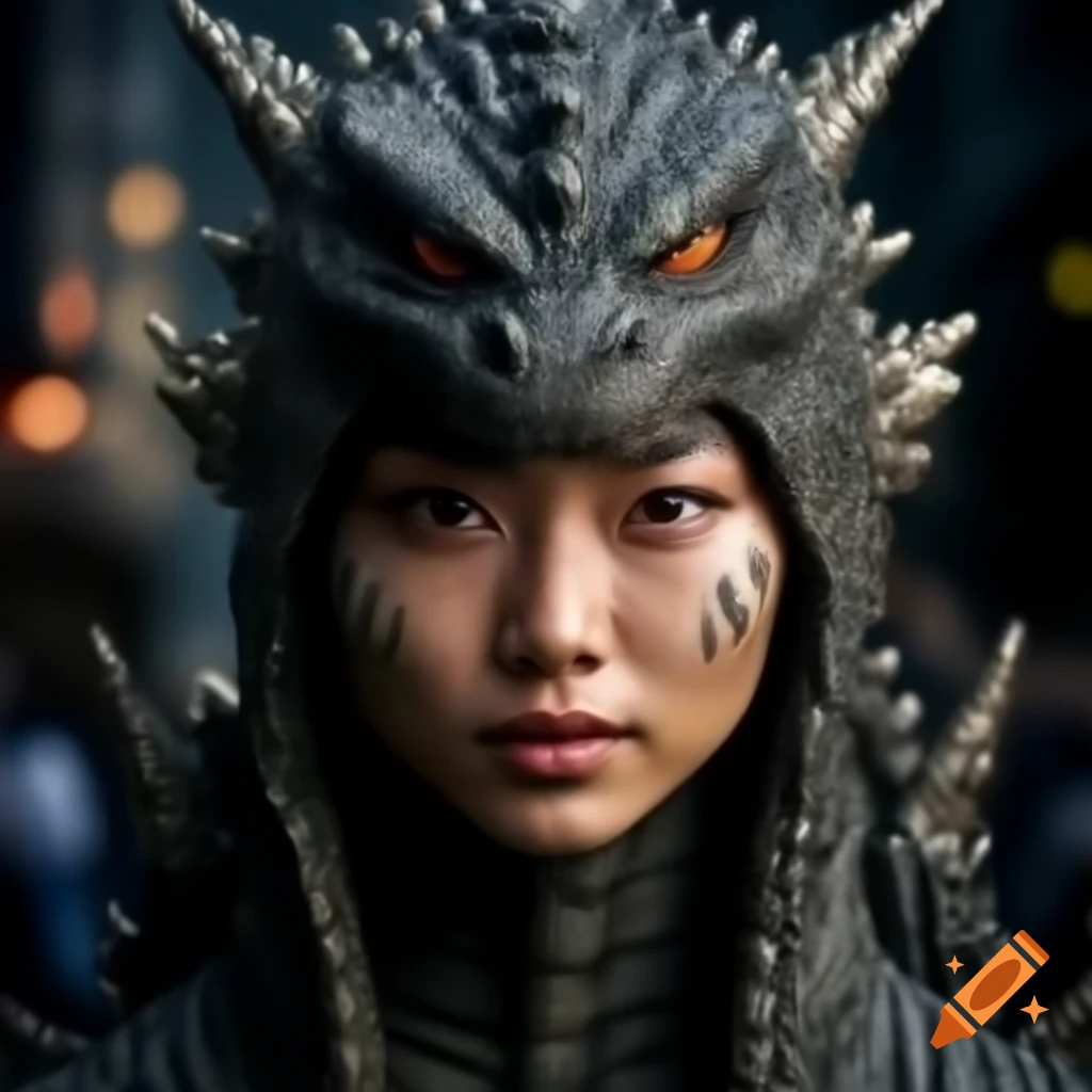 Asian woman in Godzilla costume rampaging through city, unique ...
