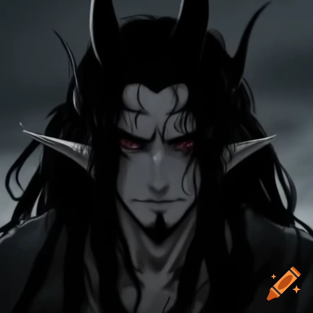 Brooding male elf with black horns and bandit attire, intense gaze on ...
