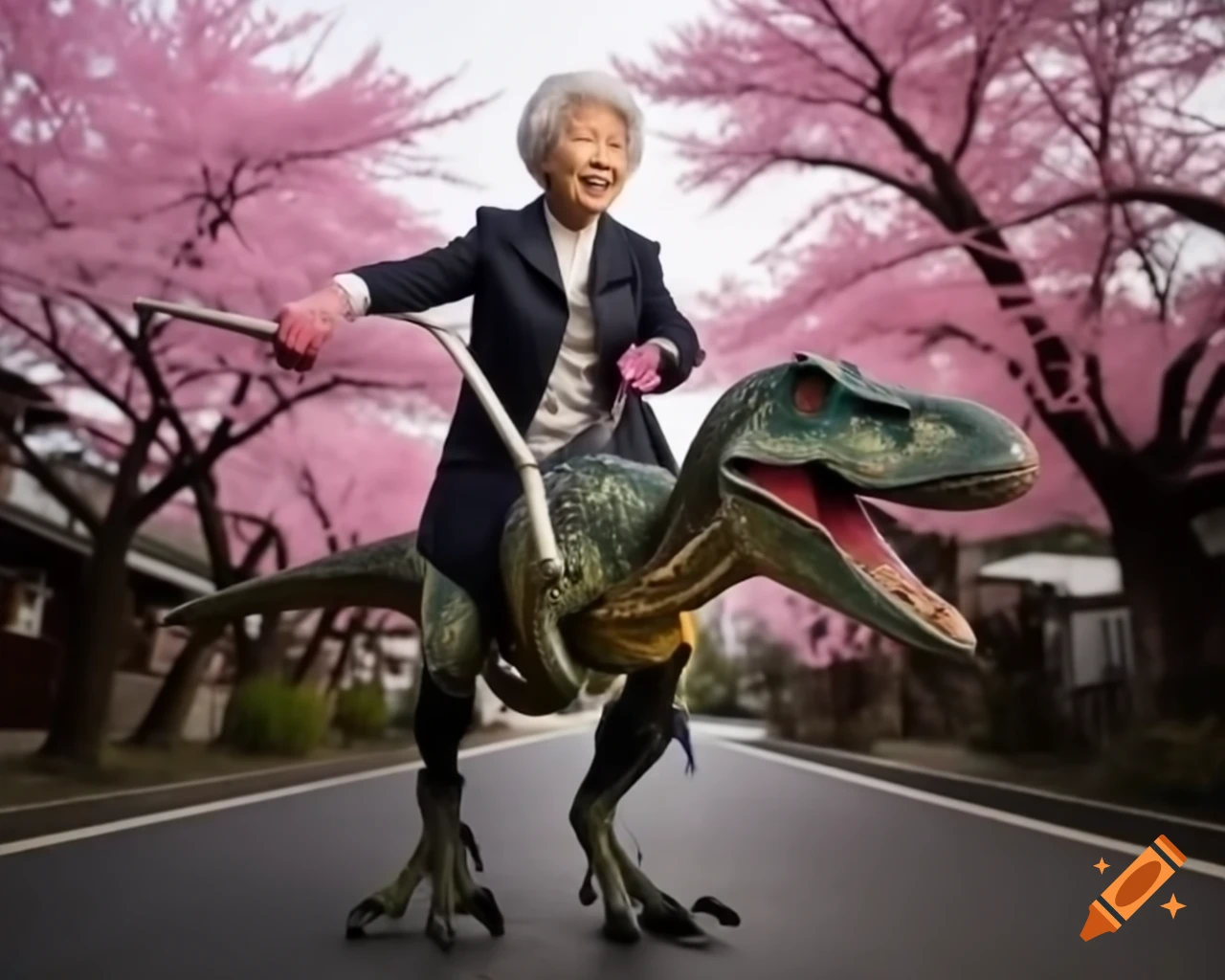 Old lady riding velociraptor on Japanese street with pink spring trees ...