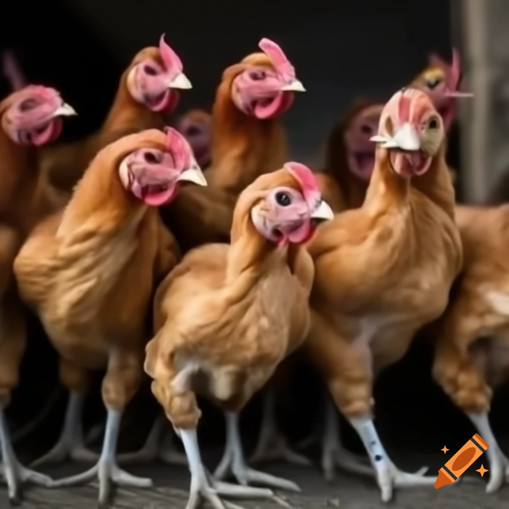 Curious chickens with wrinkled skin in a rural setting on Craiyon