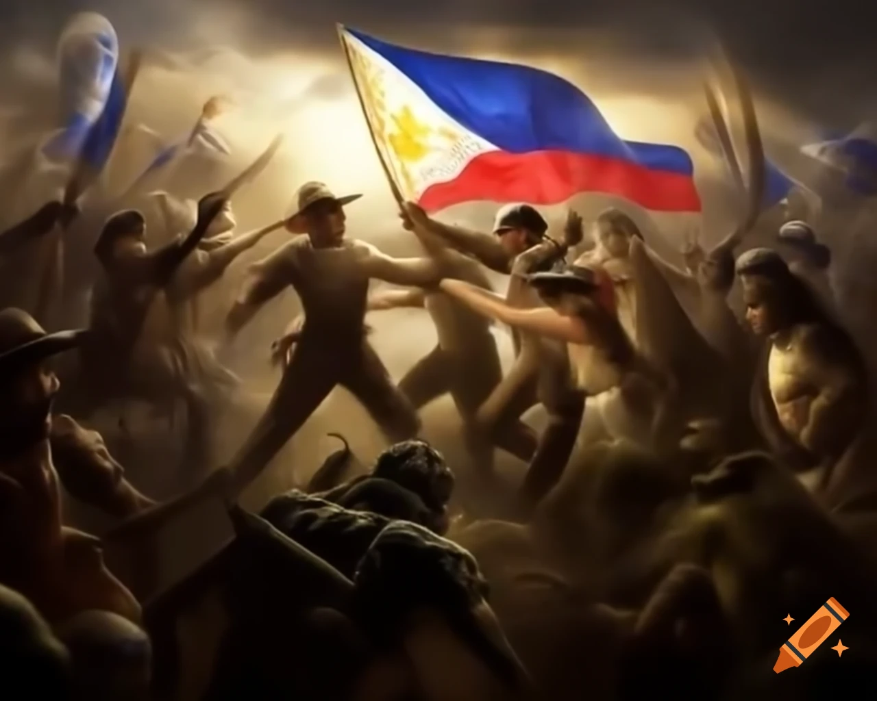 Dramatic depiction of the Philippine Revolution with patriots fighting ...