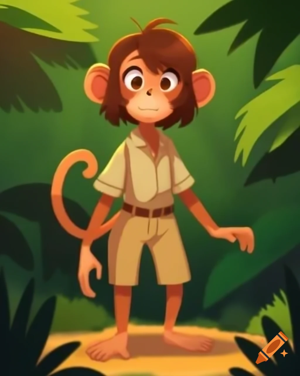 Anime anthropomorphic monkey girl in safari outfit posing in jungle on ...
