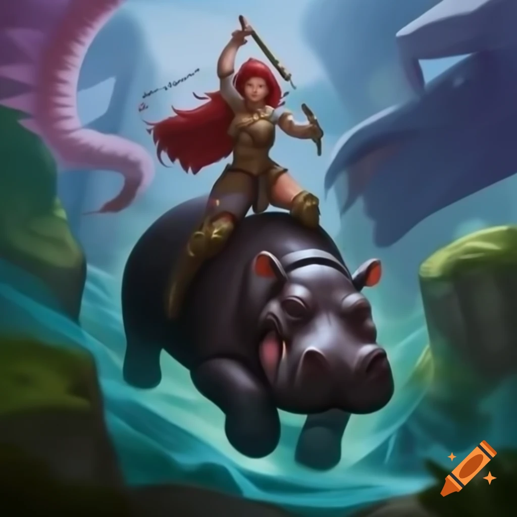 Female warrior on hippo in fantastical landscape chased by dragon, dungeons & dragons style on ...