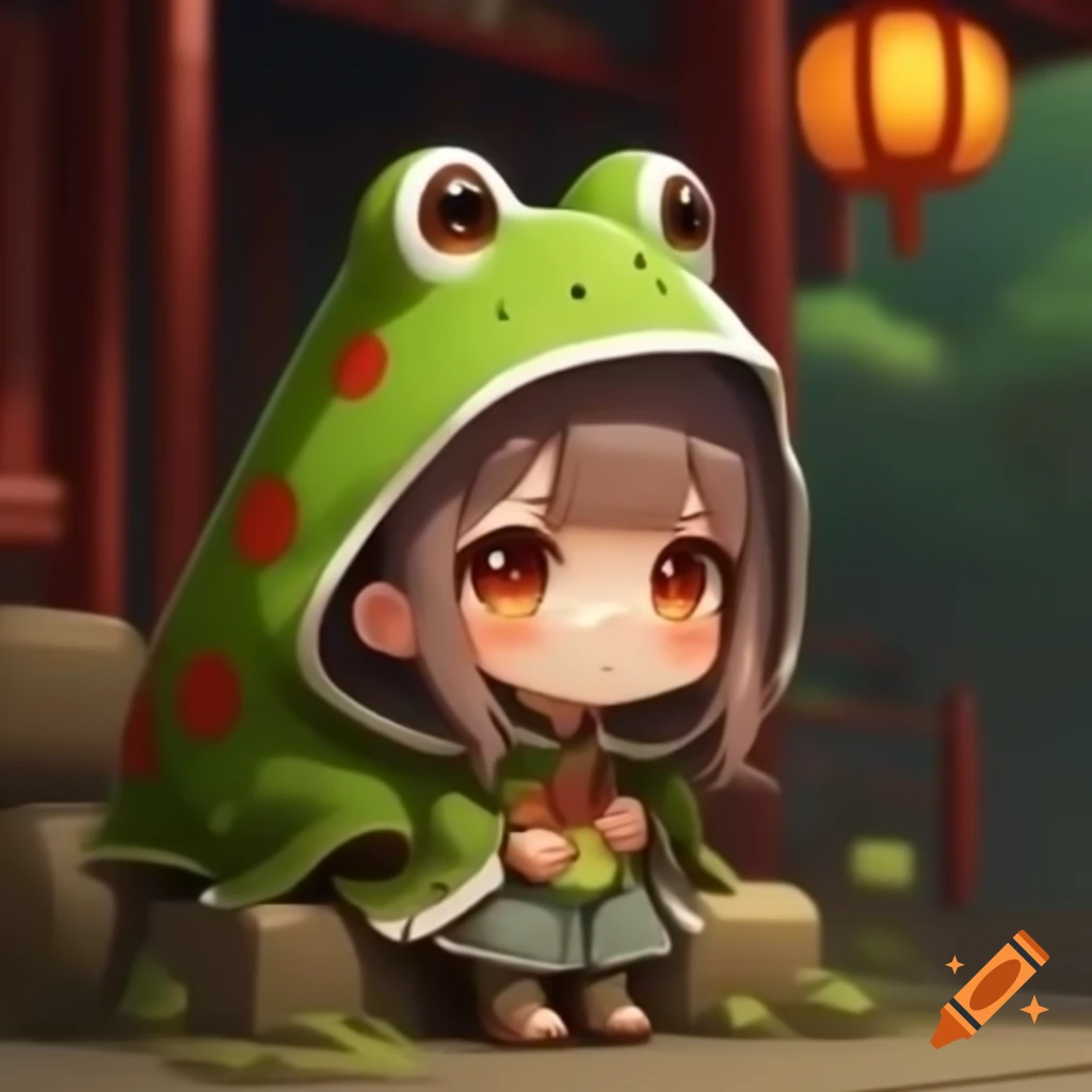 Charming anime-style young woman with chibi frog on her shoulder in ...