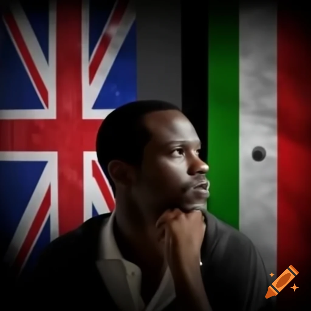African man contemplating British and Pan-African flags symbolizing ...