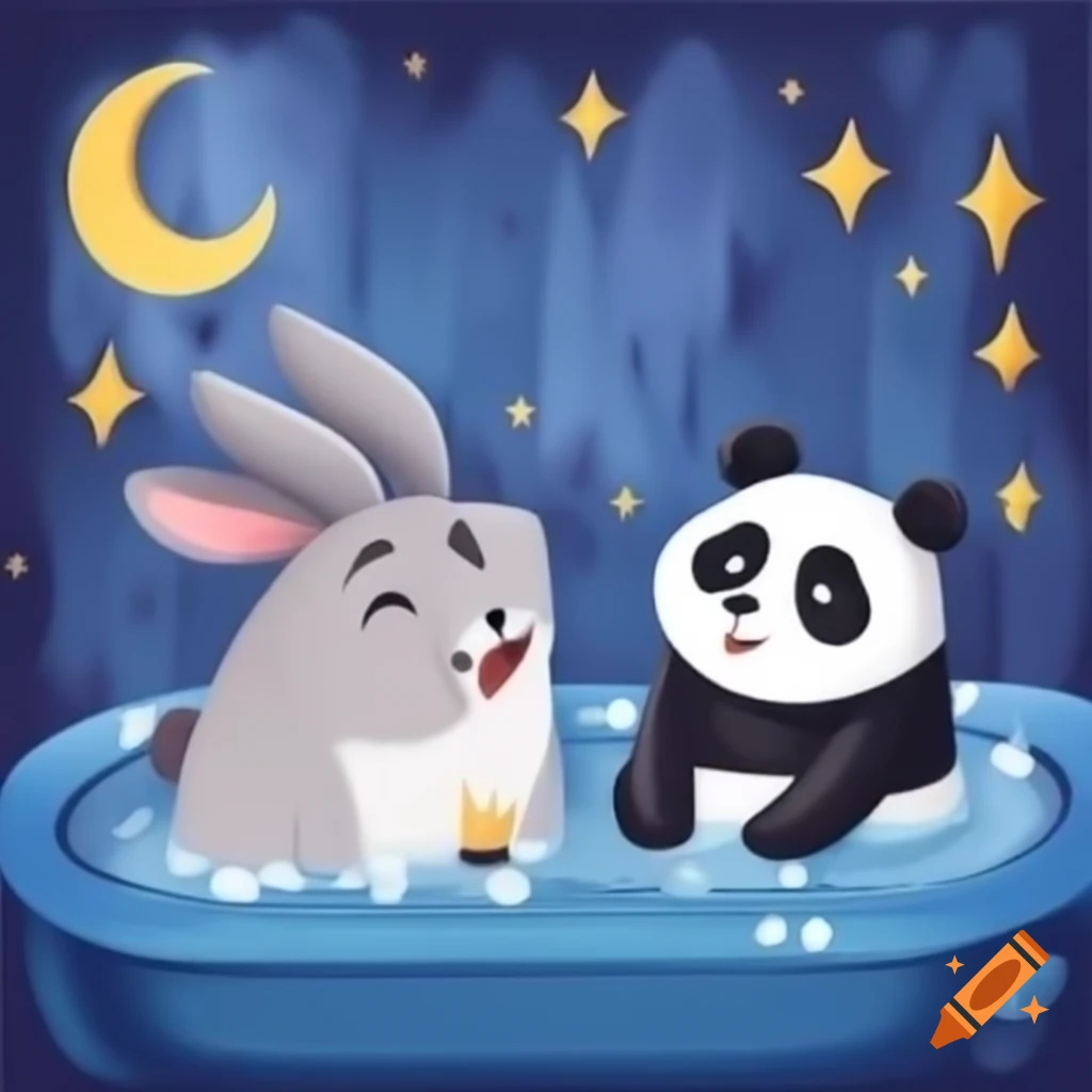 Claymation gray rabbit and panda in hot tub under stars on Craiyon