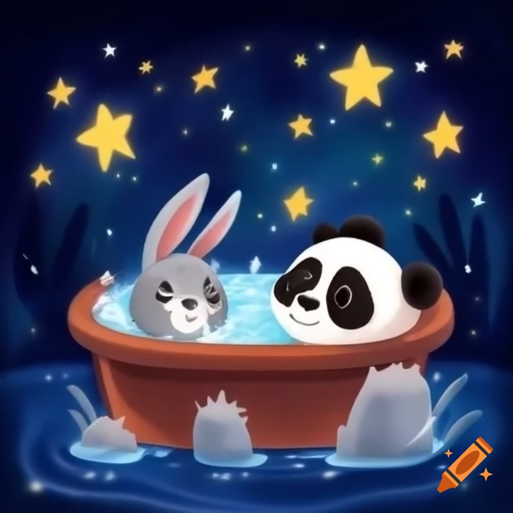 Claymation gray rabbit and panda relaxing under stars in hot tub on Craiyon
