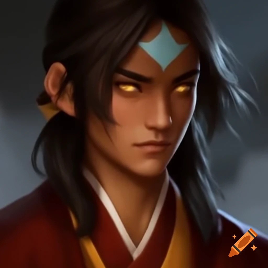 Male airbender in Air Nomads attire with grey eyes and tattoos on Craiyon