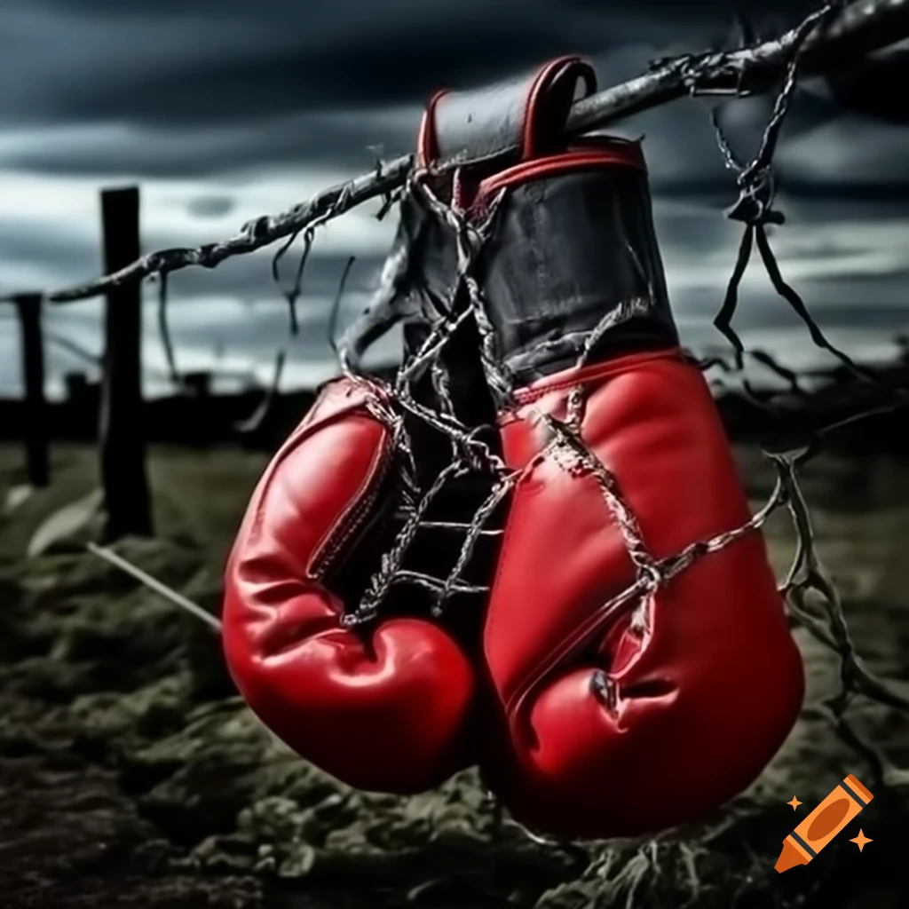 Old boxing glove entangled in barbed wire on Craiyon