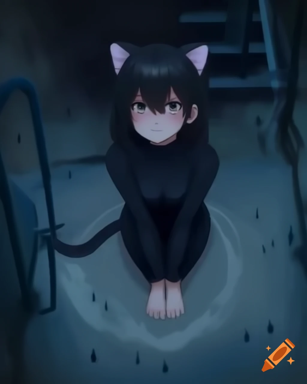 Anime illustration of embarrassed woman with cat ears in dark leotard ...