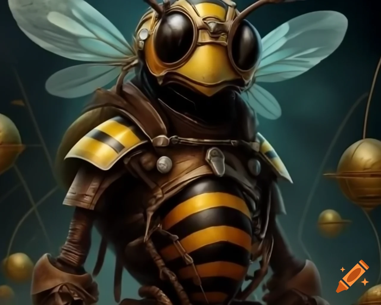 Steampunk humanoid bee soldier concept design on Craiyon
