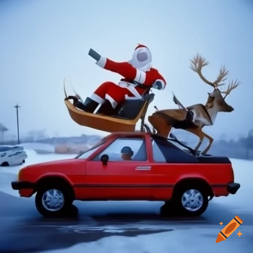 Santa in red 1990s honda sleigh on snowy rooftop with reindeer and toys ...