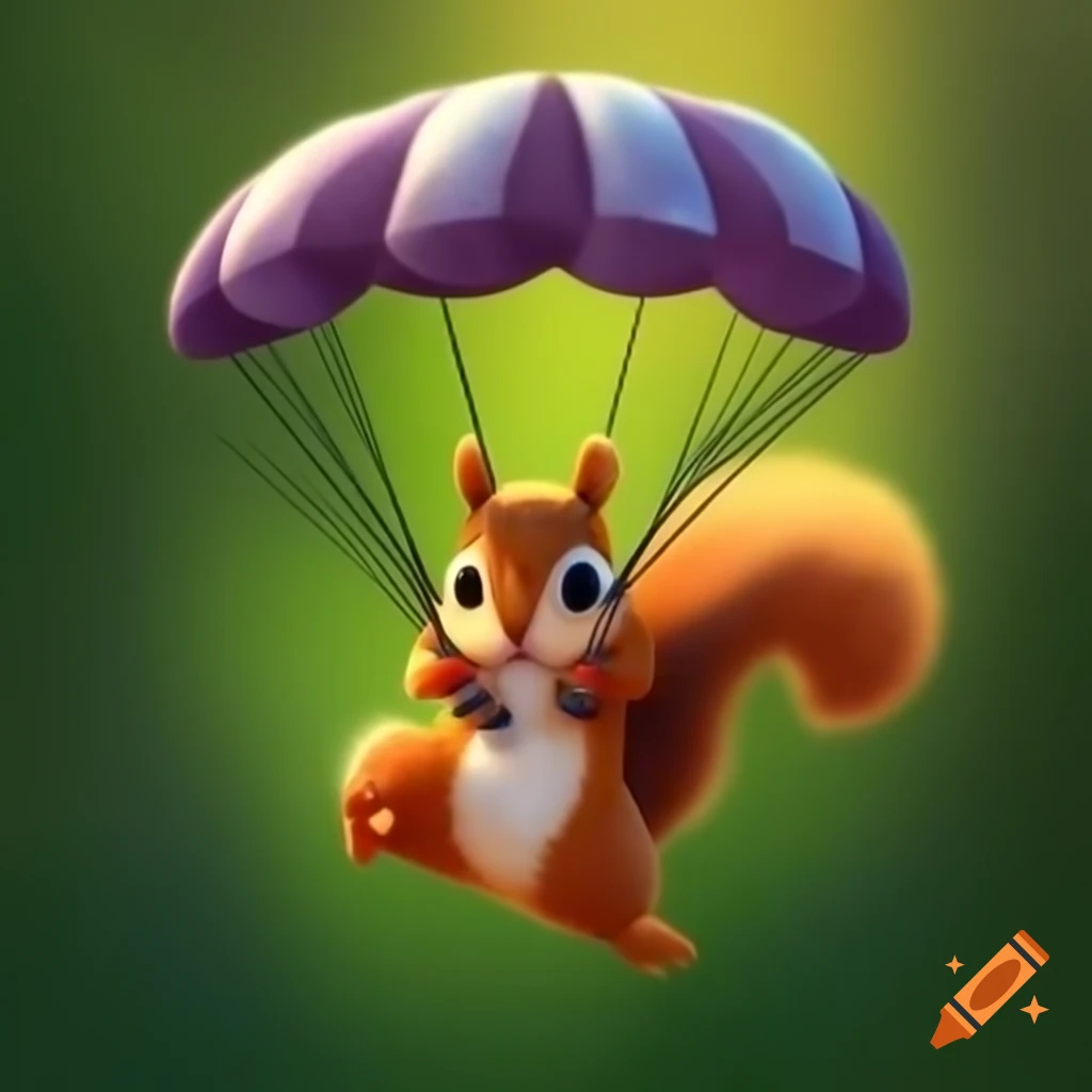 Squirrel using a parachute, playful and whimsical scene on Craiyon