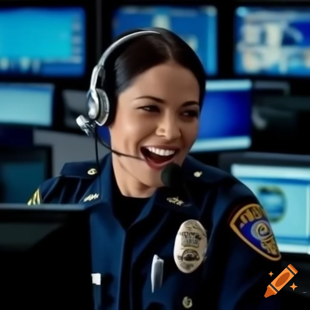 Female police dispatcher smiling while communicating through headset ...