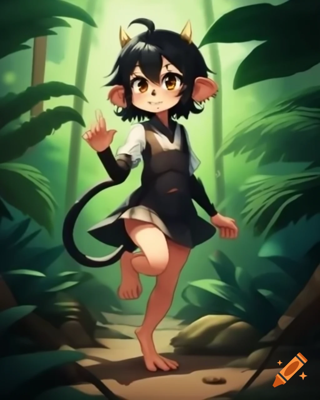 Anime anthro monkey girl in jungle, striking elegant pose on Craiyon