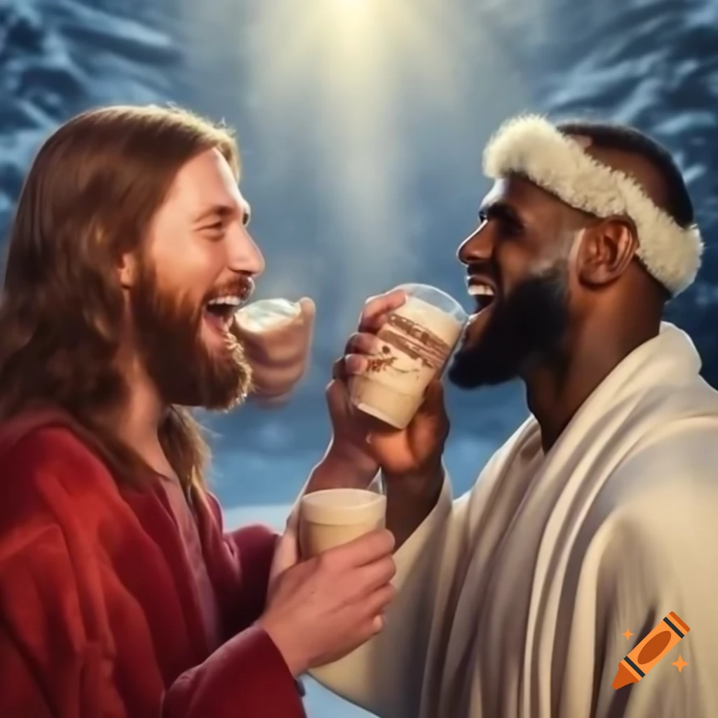 Jesus and lebron james enjoying hot chocolate and laughing on a snowy ...