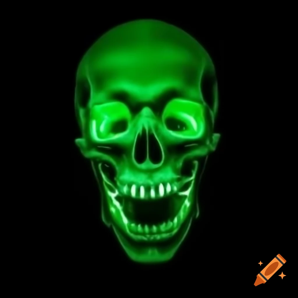 Glowing neon green skull with mouth agape in darkness on Craiyon