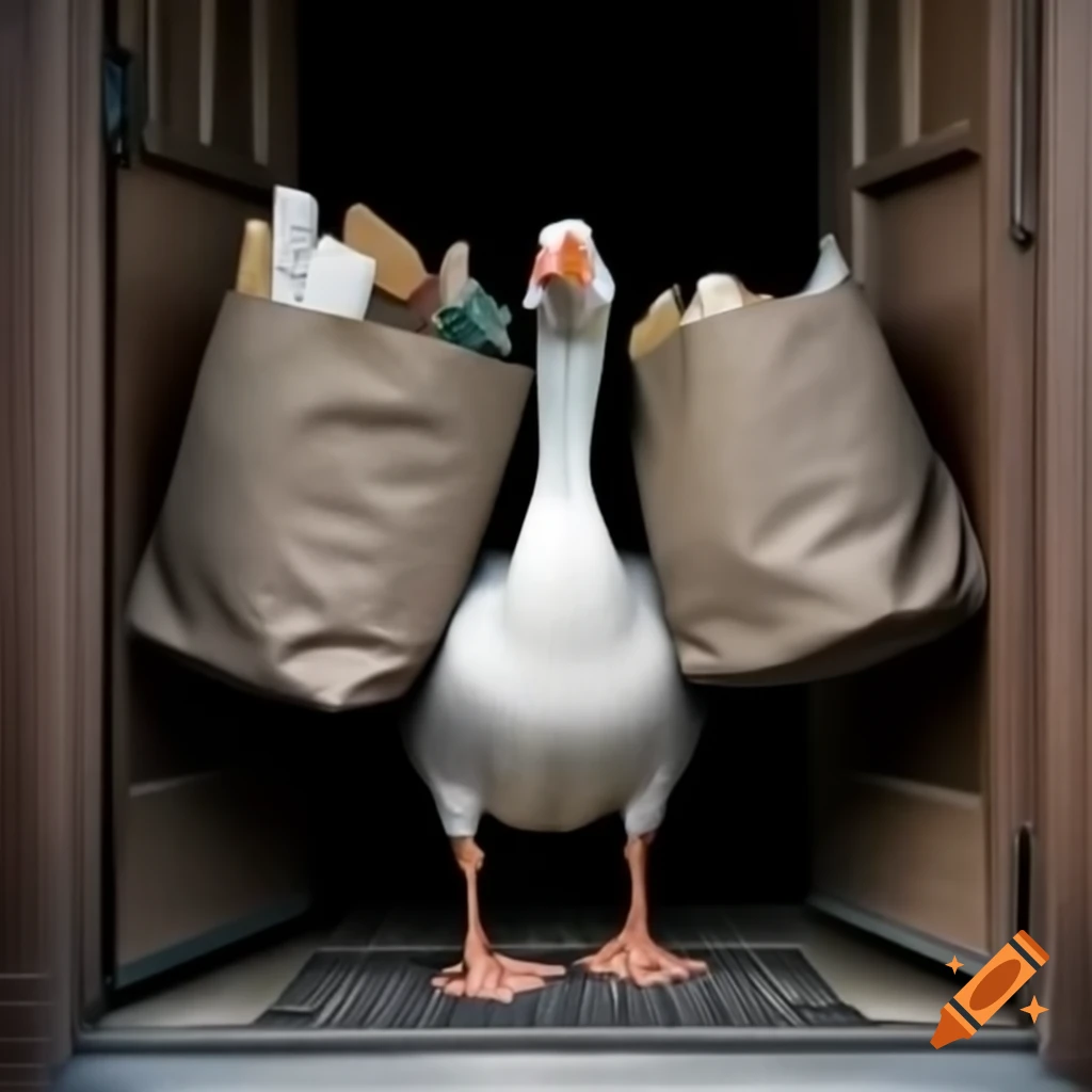 Well-suited goose checking watch while carrying grocery bags on Craiyon