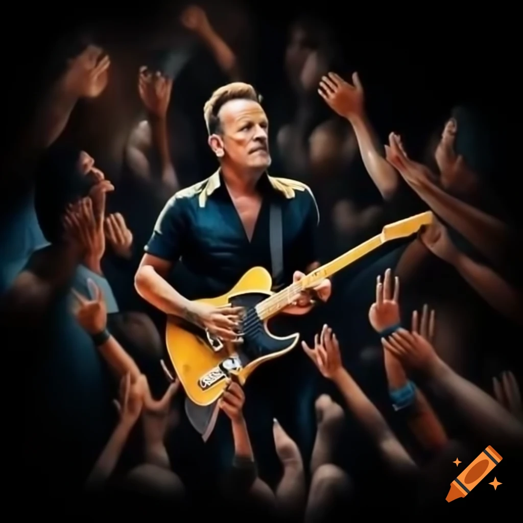 Bruce Springsteen performing electrifying concert with guitar on Craiyon