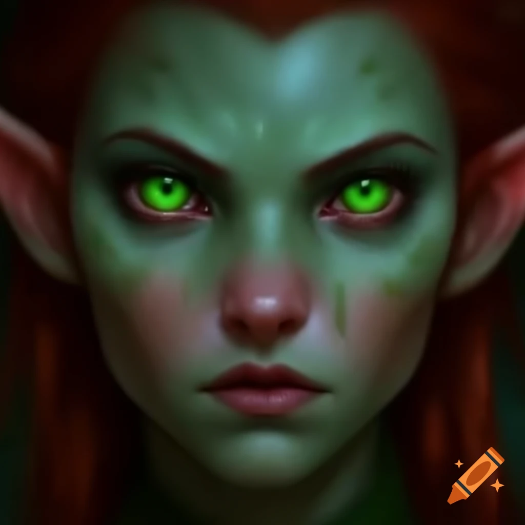 Androgynous elf-like person with green eyes and dark red hair on Craiyon