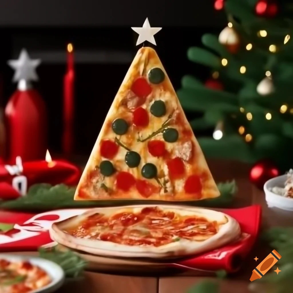 Creative christmas tree made of pizza slices and decorations on Craiyon