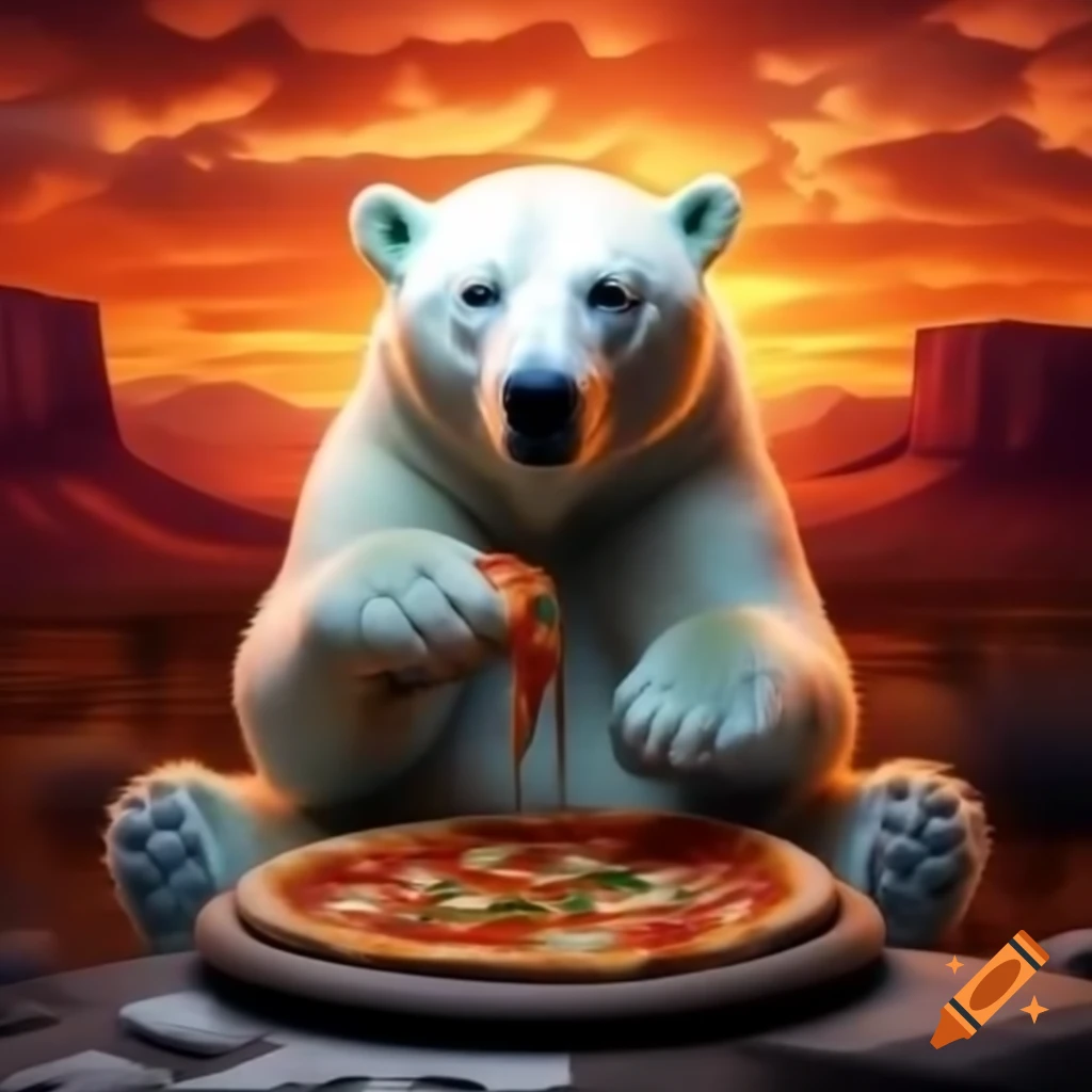 Blue polar bear eating pizza in a fiery desert landscape on Craiyon