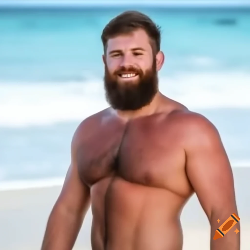 Friendly middle-aged man with beard standing on beach in speedo on Craiyon