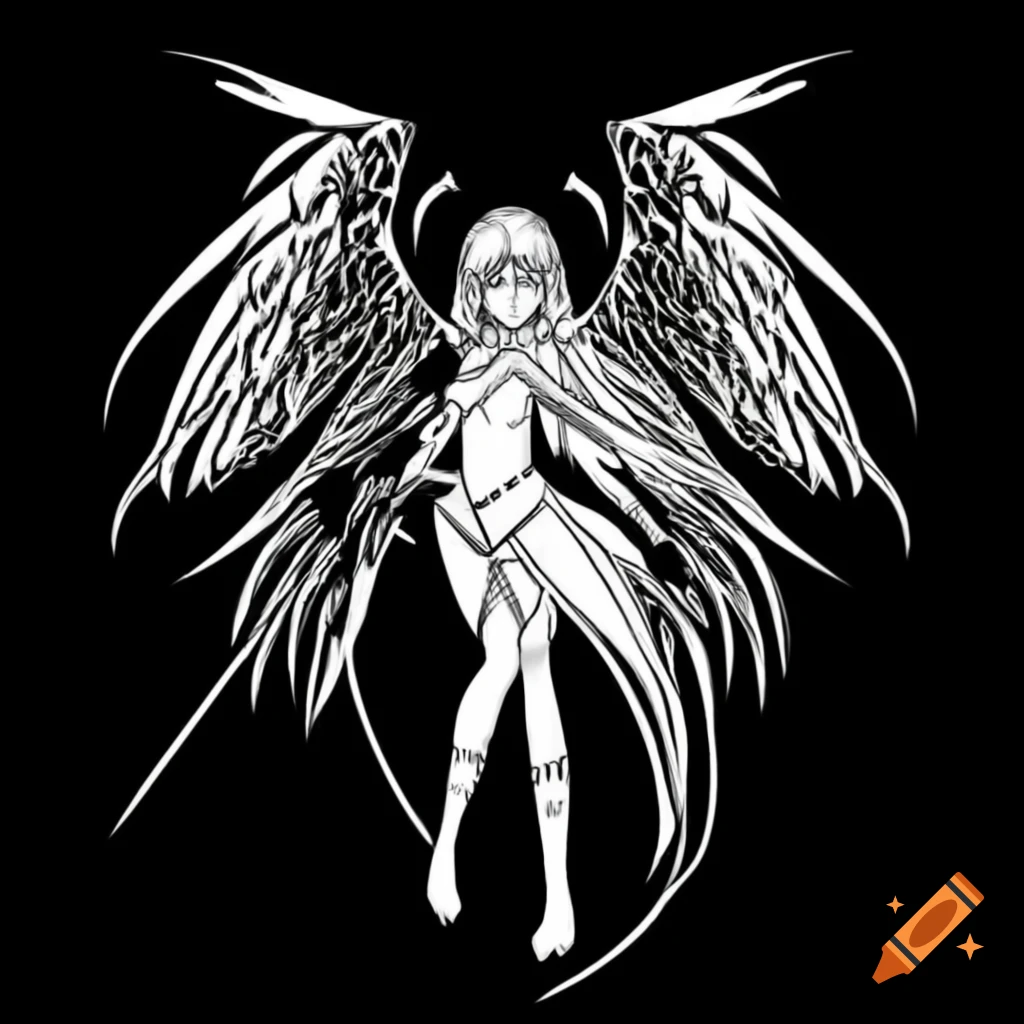 Line work drawing of anime woman with wings and giant sword on black ...