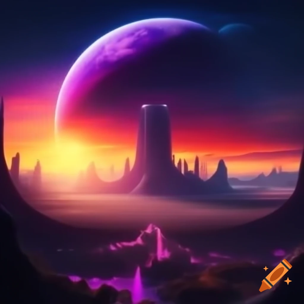 Purple proxima b sunset with shimmering alien city in the distance on ...