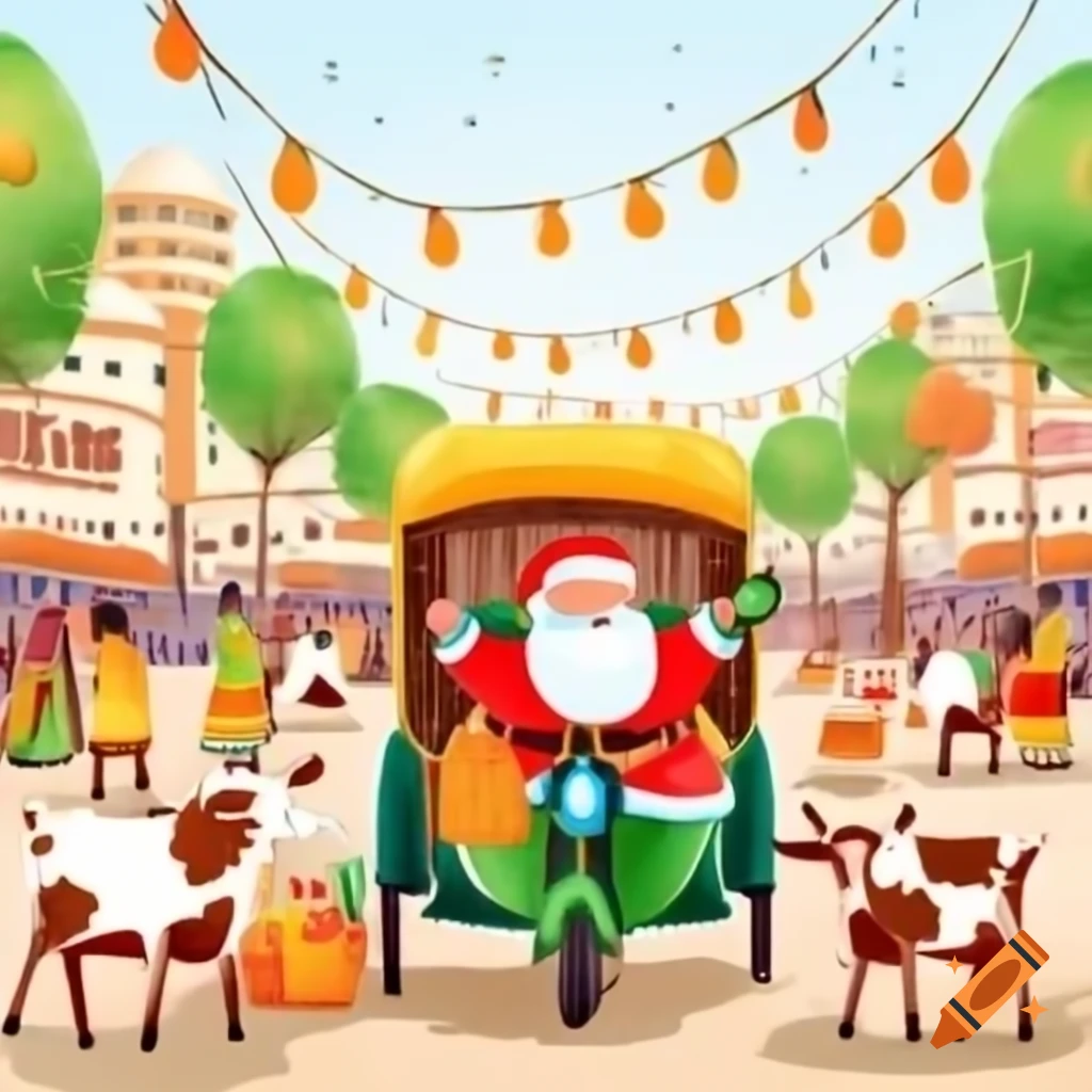 Funny Christmas scene with Santa Claus in auto-rickshaw in Indian ...