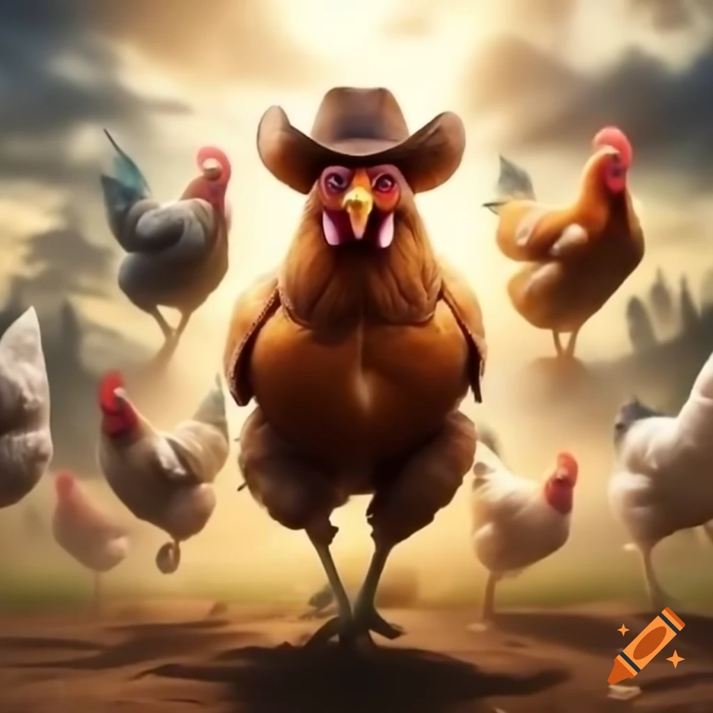 Chicken in cowboy hat fleeing from roosters on Craiyon