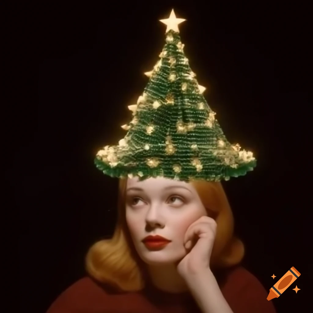 Mid-century modern woman wearing whimsical Christmas tree hat with ...