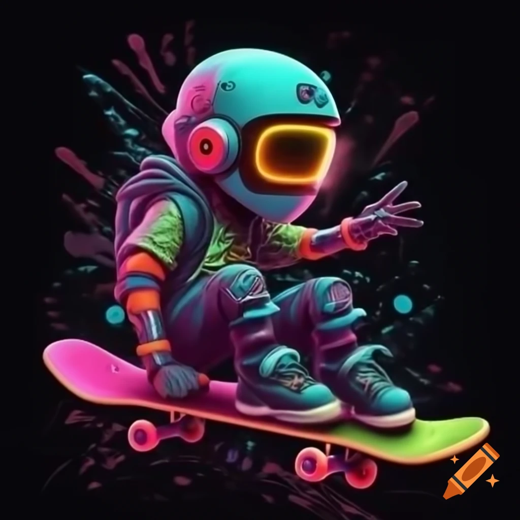 Futuristic skater cyborg with jetpack and helmet in graffiti style on ...